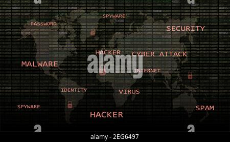 World map with 01 or binary numbers on the computer screen on monitor matrix background. Digital ...