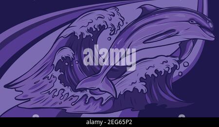 Dolphin jump out of water. Cartoon marine landscape with jumping ...