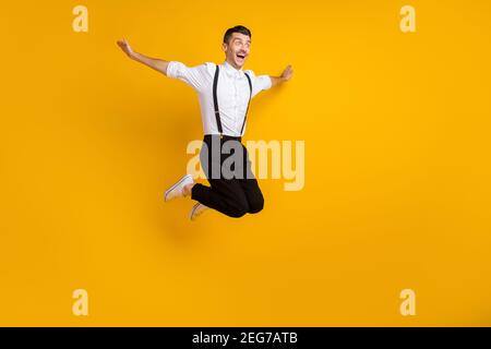 Full size photo of crazy playful childish girl jump enjoy free time ...