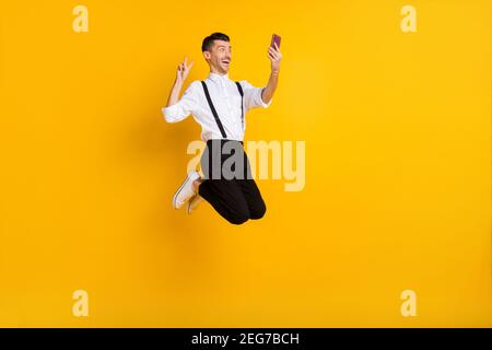 Full size profile portrait of excited crazy girl hands hold giftbox ...