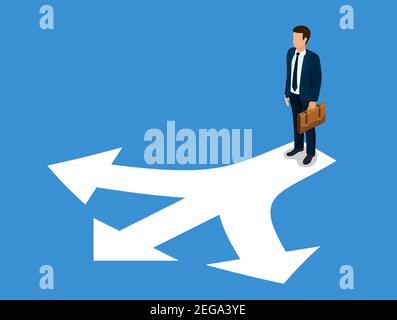 Choice isometric concept with man at crossroads on blue background ...