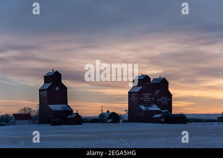 Rowley, Alberta - January 31, 2021: Old abandoned grain elevator in the ...
