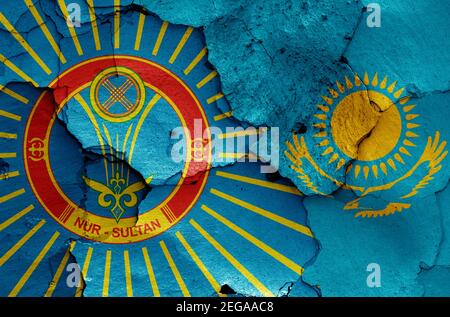 Flags of Nur-Sultan and Kazakhstan painted on cracked wall Stock Photo ...
