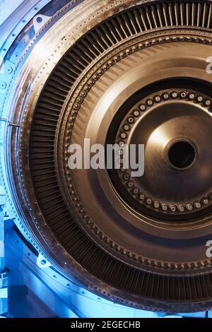 A rotor disc with blades of a turbojet gas turbine engine, inside view ...
