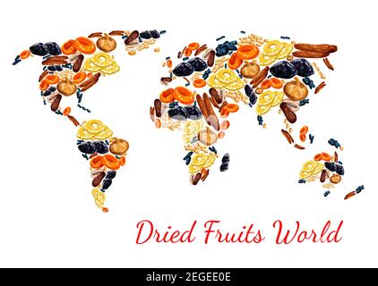 Exotic fruit world map poster with papaya, passion fruit, feijoa ...