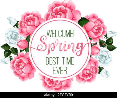 Welcome Spring floral banner with rose flower bouquet and ribbon. Red ...