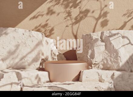 A 3D rendering of a podium for product promotion in wooden interior ...