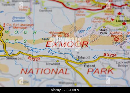 Exmoor national park and surrounding areas shown on a road map or ...