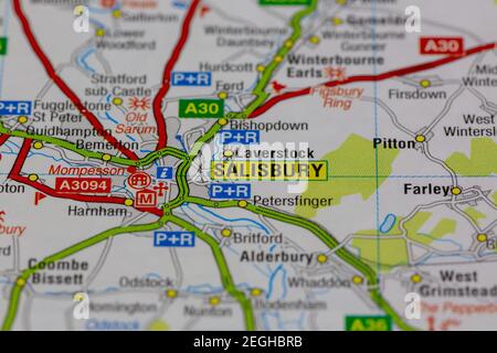 Salisbury and surrounding areas shown on a road map or Geography map ...