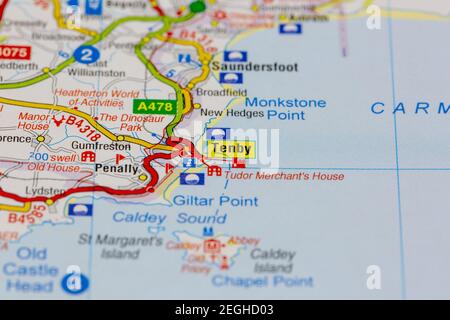 Tenby and surrounding areas shown on a road map or geography map Stock ...