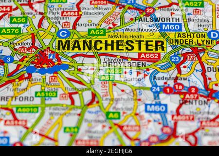 Manchester and surrounding areas shown on a road map or Geography map ...