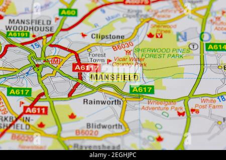 Mansfield and surrounding areas shown on a road map or Geography map ...