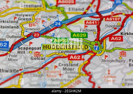 Huddersfield and surrounding areas shown on a road map or Geography map ...