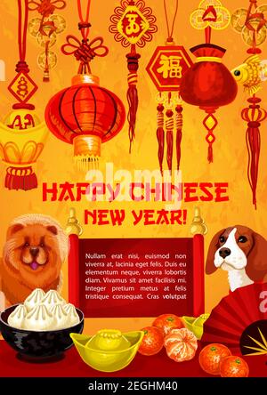 Red and yellow Chinese scroll with hieroglyph luck. Traditional Lunar ...