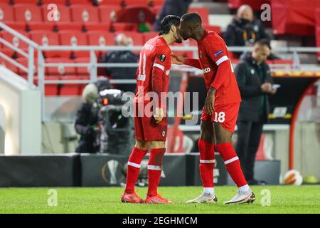 ANTWERPEN, BELGIUM - FEBRUARY 18: Team of Rangers FC celebrating goal ...