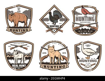 Hunting club shields set. Vector hunt sports emblems with animals, boar ...