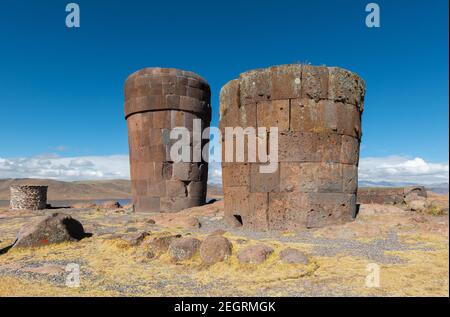 Peru, Puno, Sillustani. Chullpa (Inca burial chamber) and stone circle ...