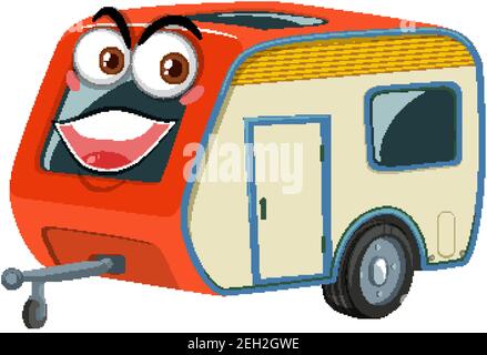 Camper trailers cartoon character with face expression on white ...