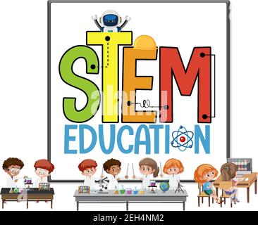 STEM education logo with scientist kid cartoon character illustration ...