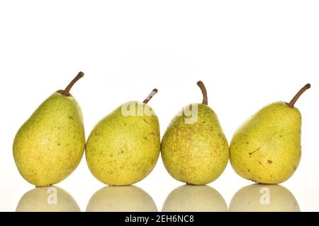 A few whole bright green ripe sweet organic Lucas pears on a black ...
