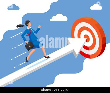 Businesswoman is fast running with waving necktie and briefcase ...