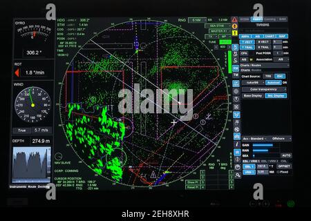 Black and red modern ship radar screen with round map Stock Photo - Alamy