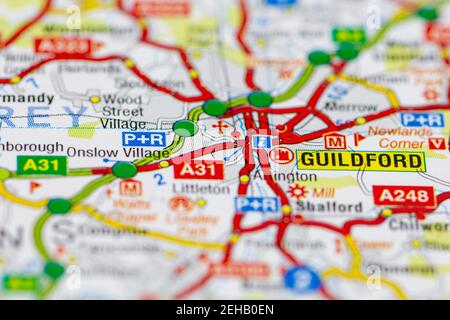 Guildford and surrounding areas shown on a road map or Geography map ...