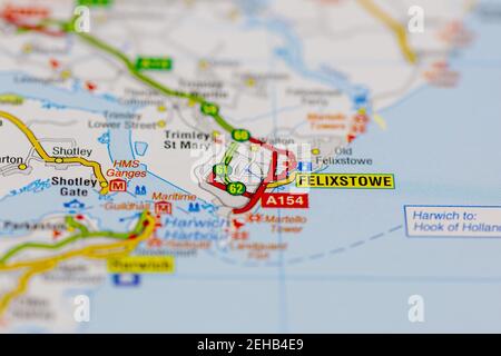 Felixstowe and surrounding areas shown on a road map or geography map ...