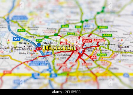 Leicester and surrounding areas shown on a road map or geography map ...
