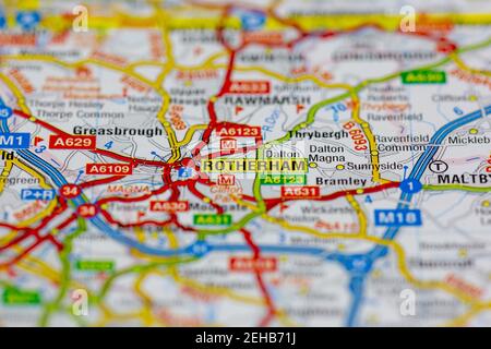 Rotherham and surrounding areas shown on a road map or Geography map ...