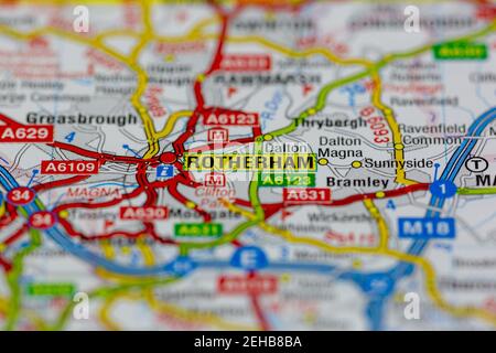 Rotherham and surrounding areas shown on a road map or Geography map ...