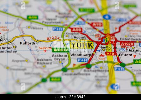 York and surrounding areas shown on a road map or geography map Stock ...
