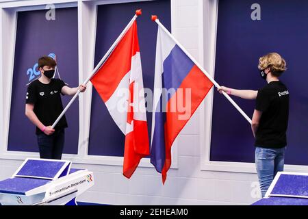 ROTTERDAM, NETHERLANDS - FEBRUARY 19: Flags of Greece and France during ...