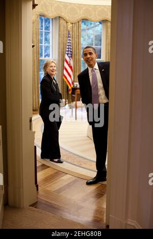 Secretary of State Hillary Clinton looks on during a meeting between ...