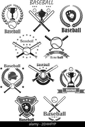 Baseball icons of baseball glove and pin for sport club or championship ...