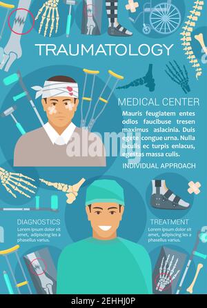 Traumatology and trauma surgery poster with traumatologist. Injured ...