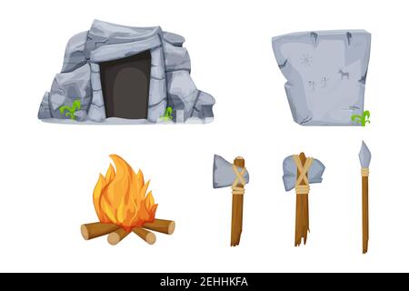 Prehistoric cave with bonfire and drawings on wall. Vector cartoon ...