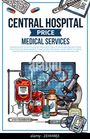 Medical services price list of central hospital. Vector sketch design ...