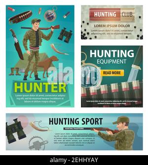 Hunting banners. Man sniper with rifle binoculars and ammunition goes ...