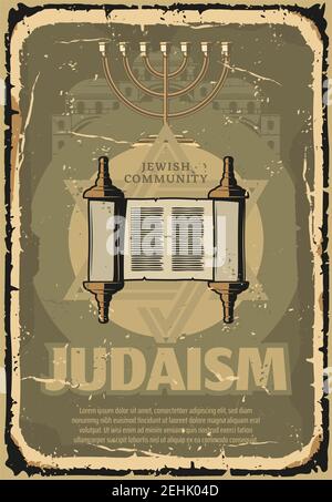Judaism retro poster of Jewish symbols. Vector vintage design of Rabbi ...
