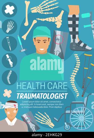 Traumatology and trauma surgery poster with traumatologist. Injured ...