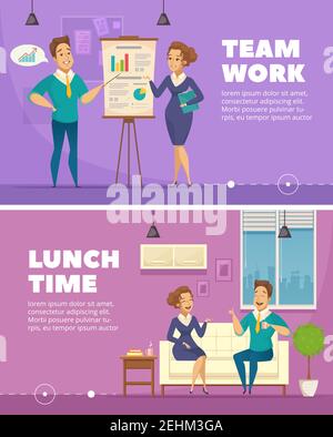 Office staff characters 2 horizontal retro cartoon banners with ...