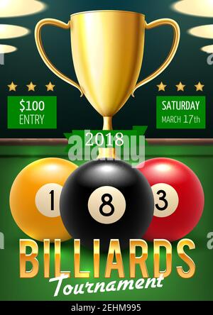 Pool billiards sport championship announcement poster. Color balls with ...