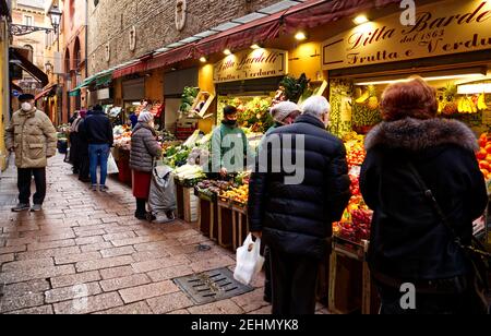 Street market "Il Quadrilatero" located in the center of Bologna. Italy ...