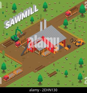 Lumberjack isometric composition with sawmill building vehicles for ...