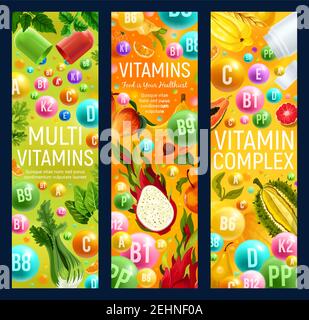 Vitamin complex of healthy food, fruits and vegetables. Natural sources ...