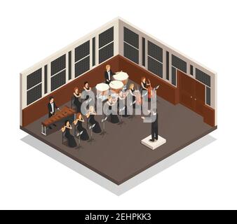 Isometric flowchart with conductor and musicians playing different ...