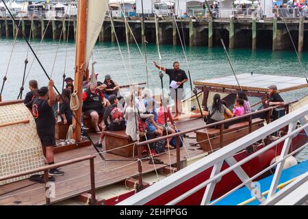 A traditional Maori waka moana (large ocean-going canoe) and the ...
