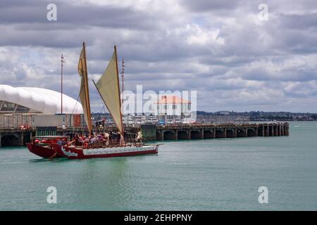 The "Hinemoana", a traditional Maori twin-hulled ocean-going canoe, in ...