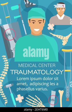 Traumatology and trauma surgery poster with traumatologist. Injured ...